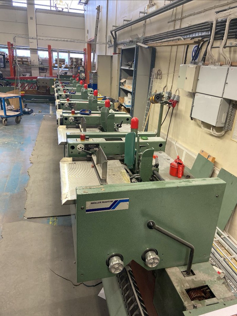 MULLER MARTINI SADDEL STITCHER 335 - 7 FEEDER+COVER + STACKER ...