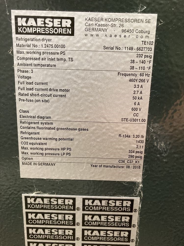 Kaeser TE-102 232 Max Psi 370 SCFM 460V/3Ph Air Dryer W/KCF Treatment ...