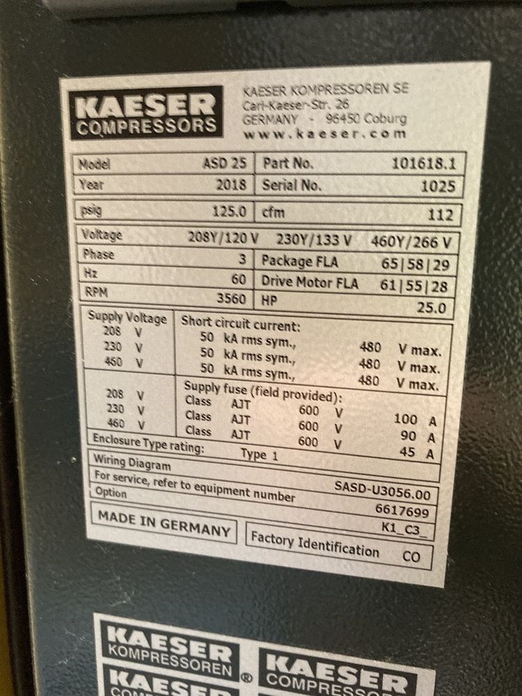Kaeser ASD 25 125 Max Psi 112 Cfm 208-230V 3Ph Rotary Screw Compressor ...