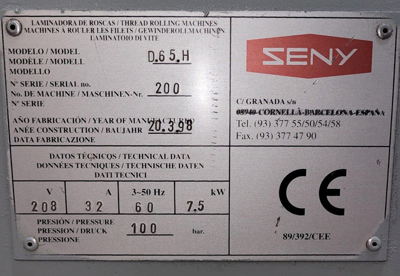 20-TON SENY 2-DIE MODEL D-65-H HORIZONTAL HYDRAULIC THREAD ROLLING ...
